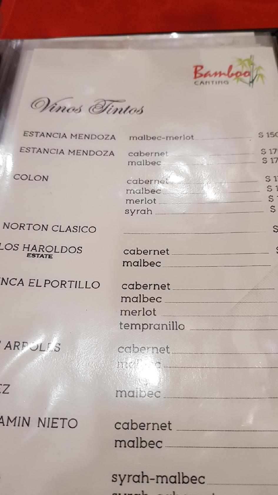 Carta del restaurante Bamboo, Bahía Blanca