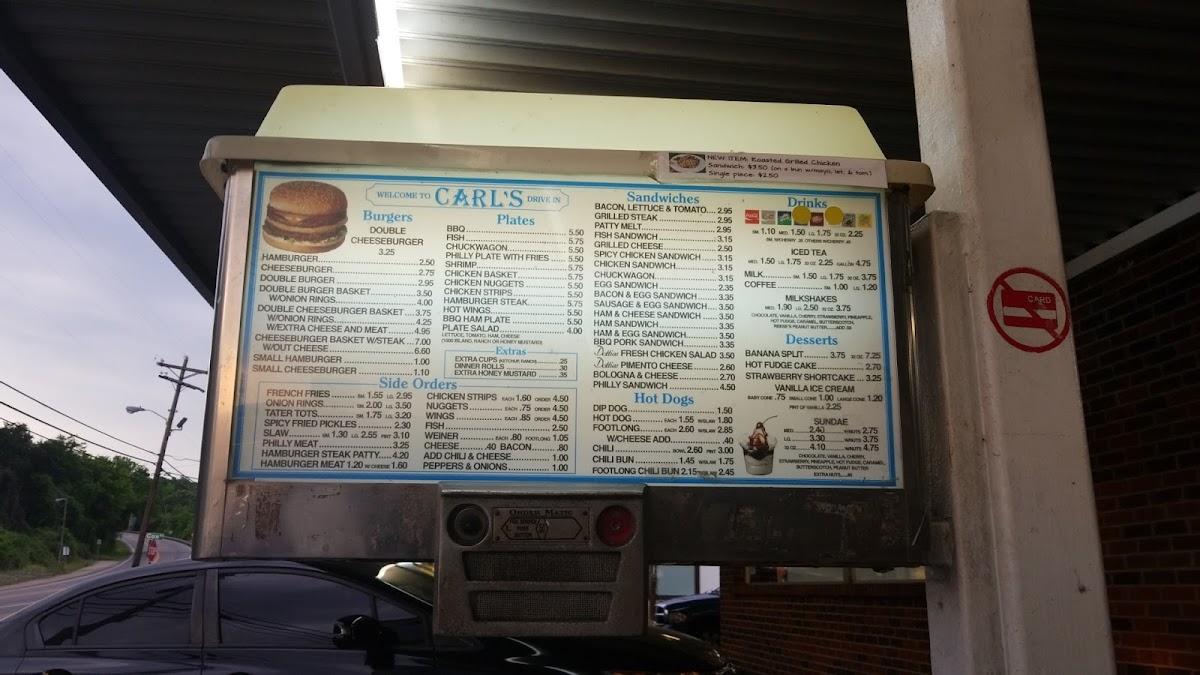 Menu at Carl's Drive In restaurant, Loudon, E Lee Hwy