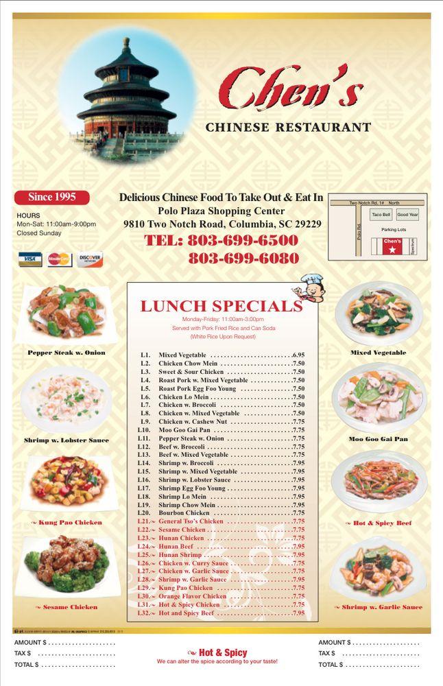 Menu at Chen's Chinese Restaurant at Polo, Columbia, Two Notch Rd #4L