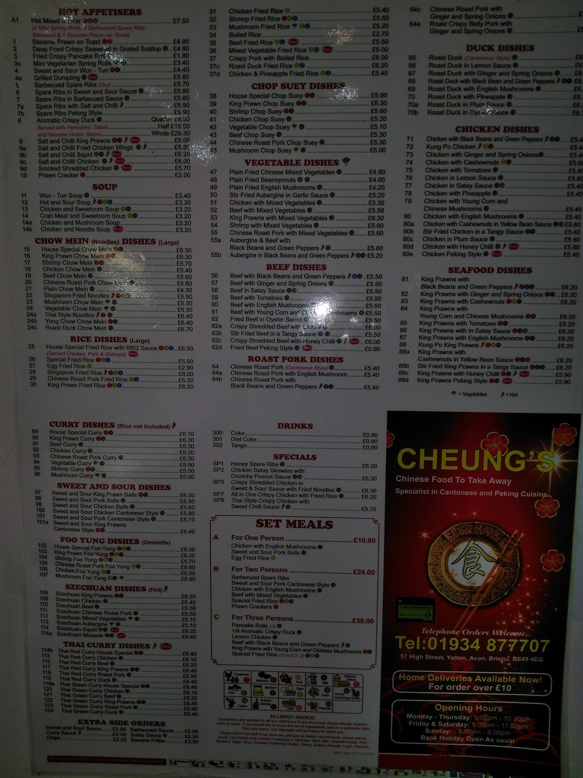 Menu at Cheungs fast food, Yatton