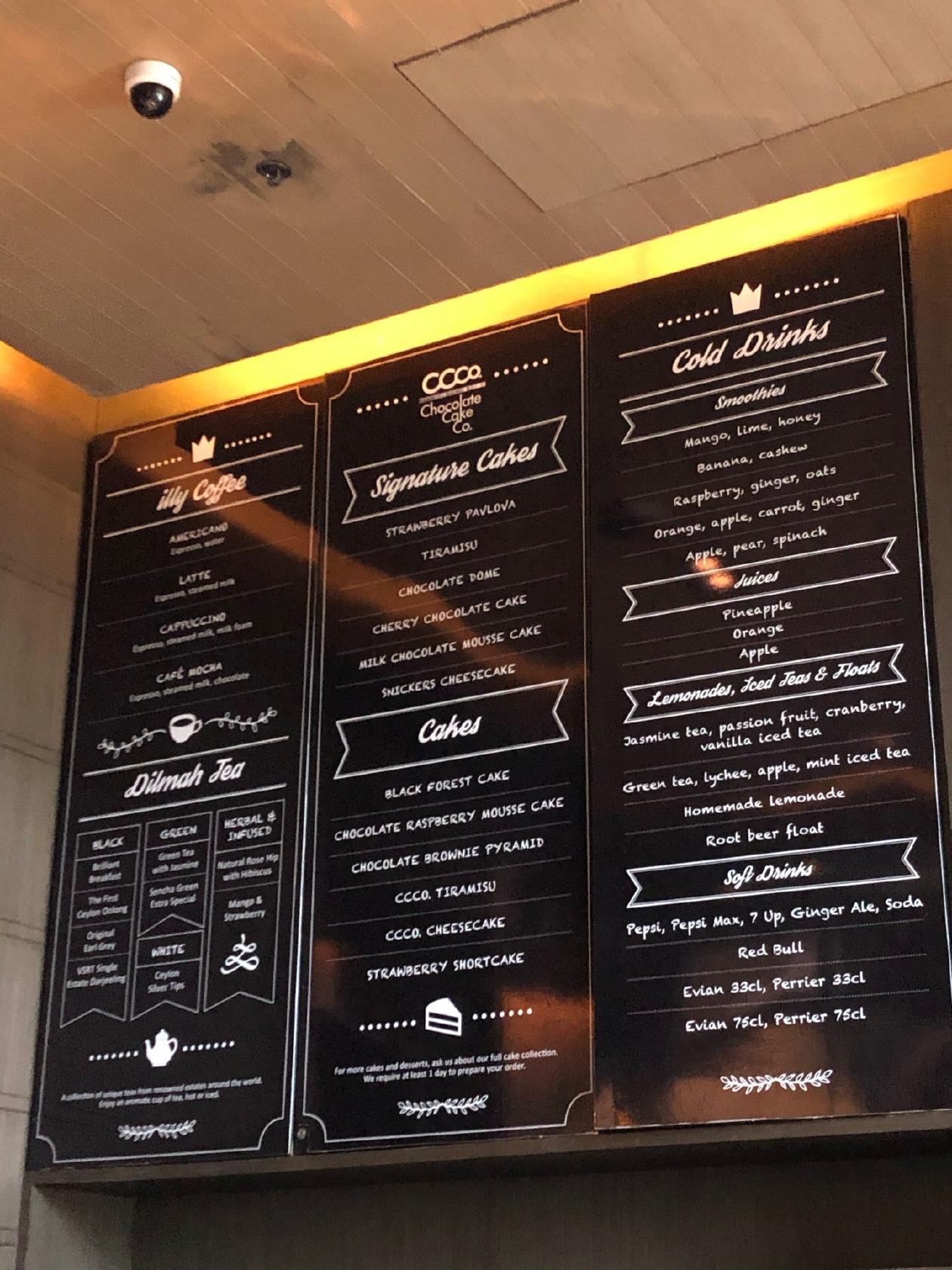 Menu at Chocolate Cake Company (CCco.) cafe, Bangkok