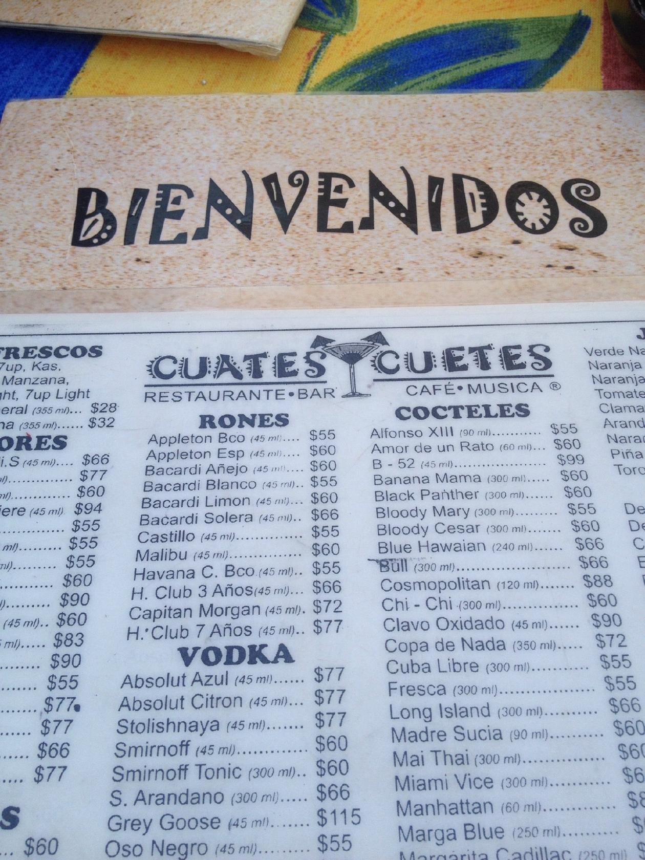 Menu at Cuates y Cuetes restaurant, Puerto Vallarta