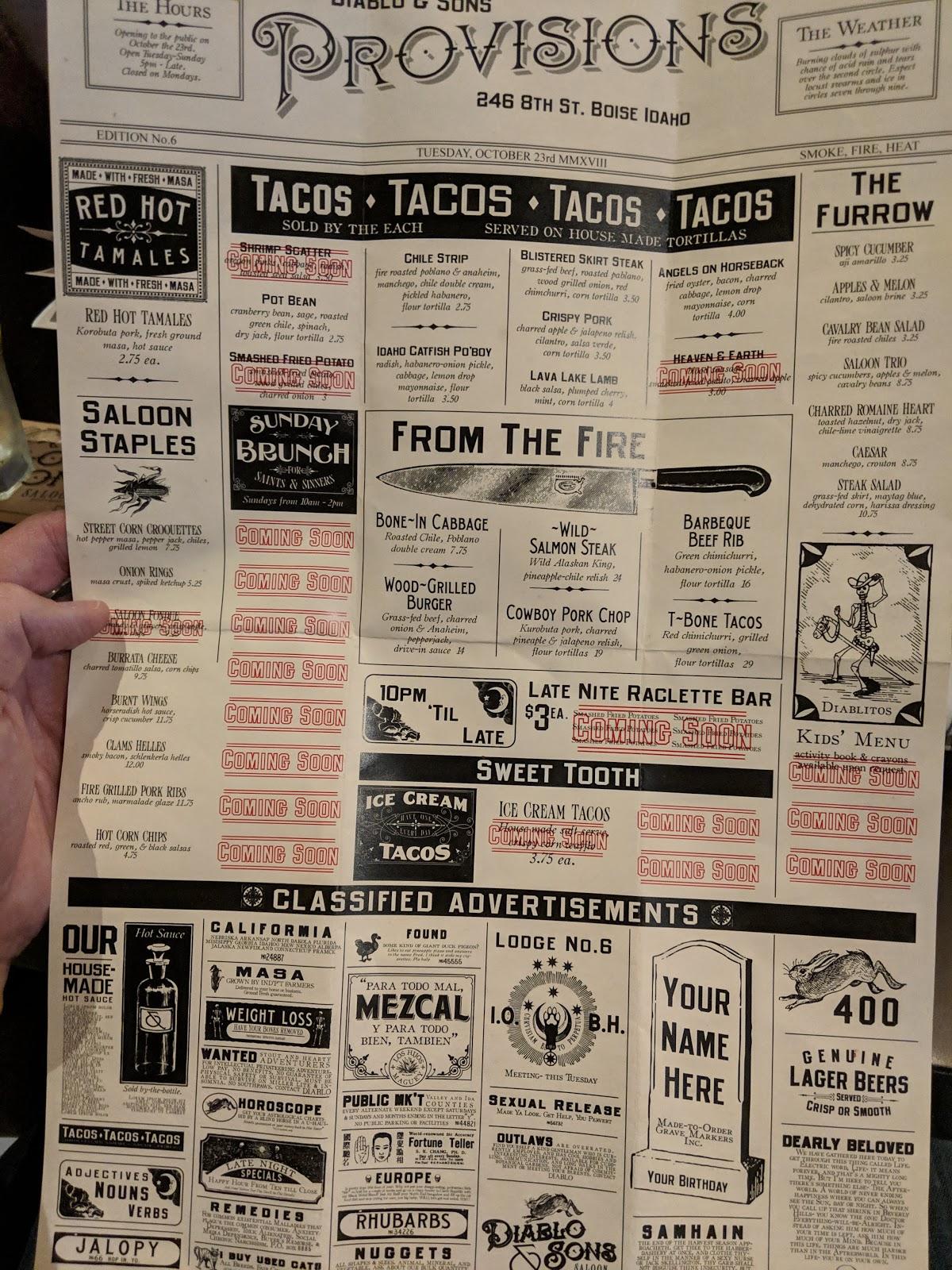 Menu at Diablo & Sons Saloon pub & bar, Boise