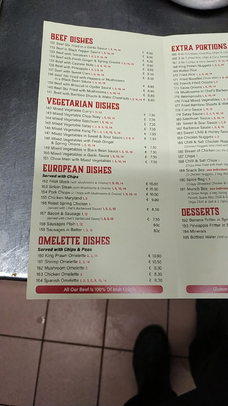 Menu at Ho Kee Chinese Restaurant, Bandon