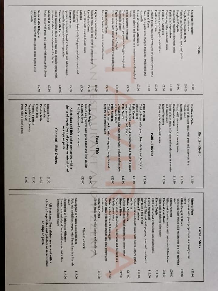 Menu at La Taverna restaurant, Llandudno