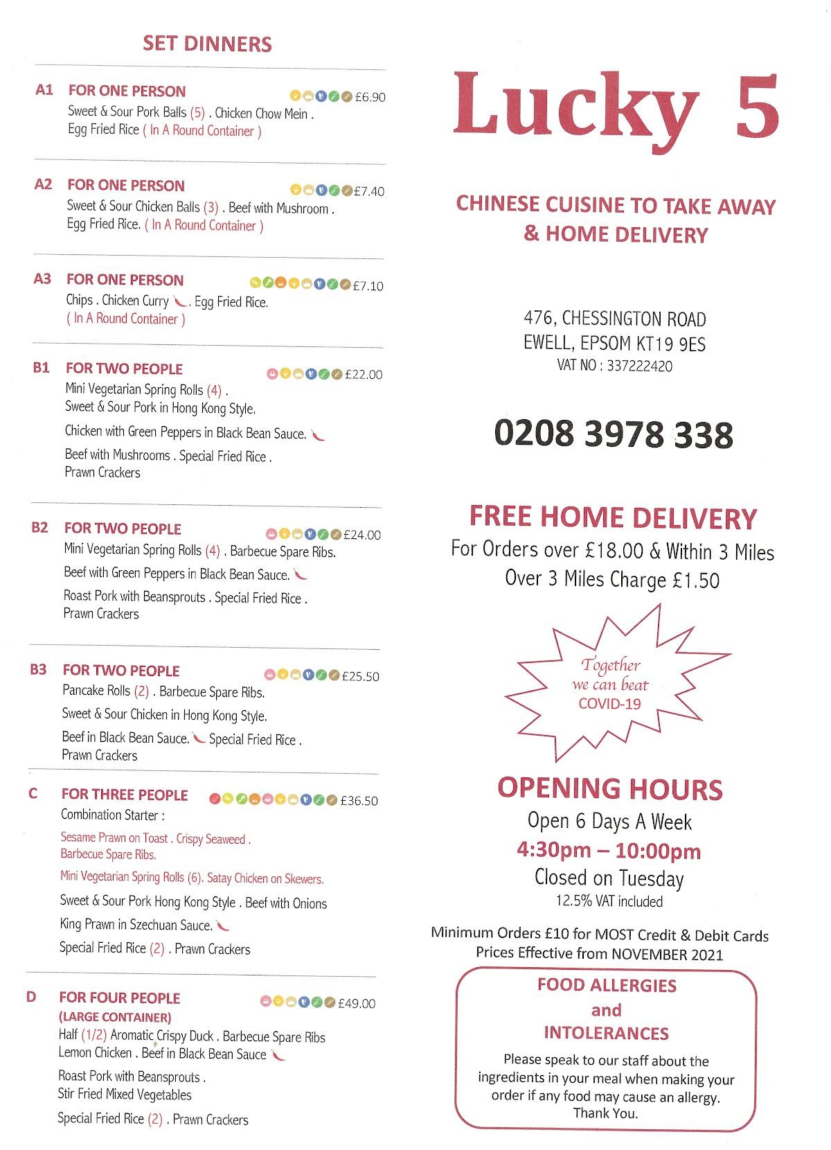 Menu at Lucky 5 Chinese Foods Home Delivery fast food, Epsom