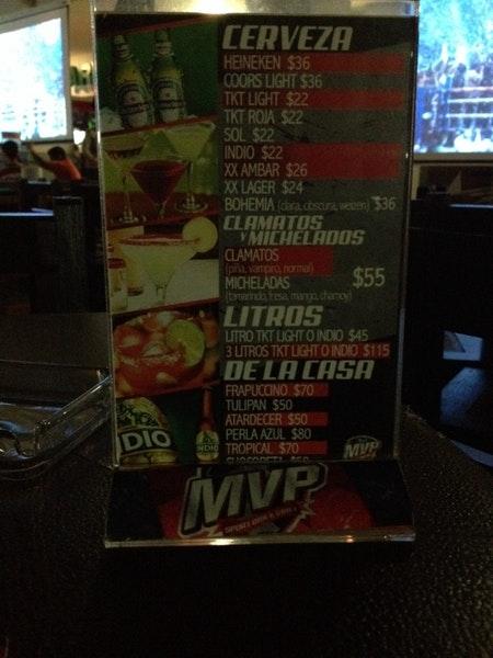 Menu at M.V.P, Mazatlán