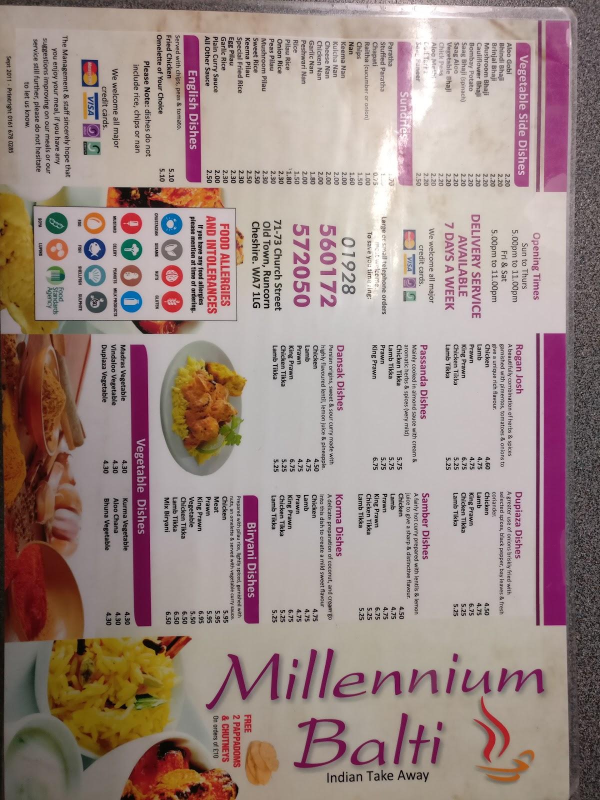 Menu at Millennium Balti Runcorn fast food, Runcorn