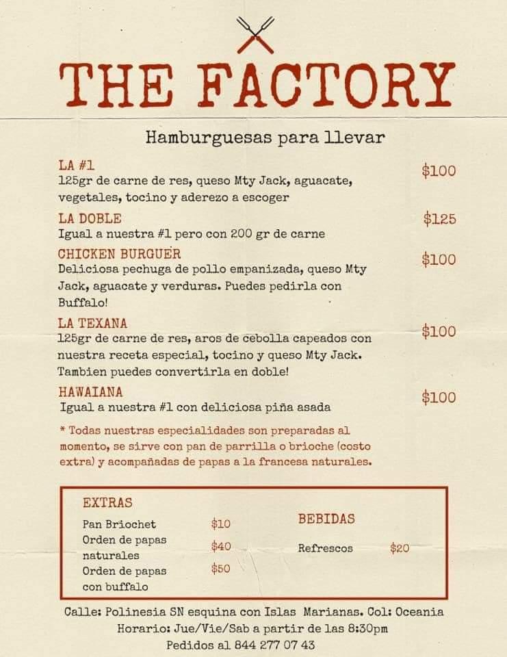 Menu at The Factory restaurant, Saltillo
