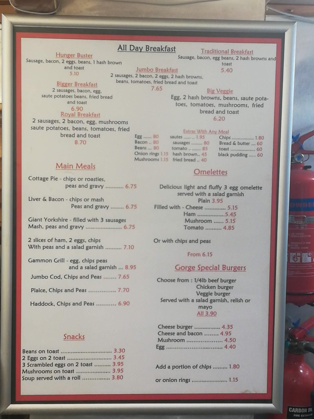 Menu at The Gorge Cafe, Blandford Forum