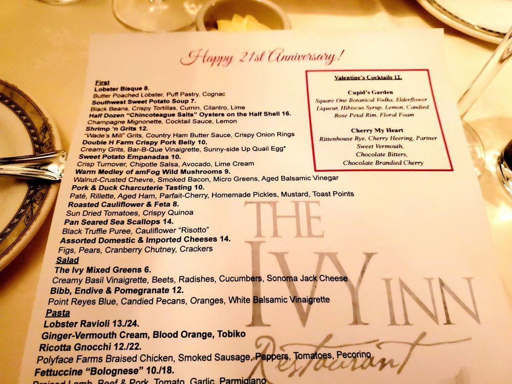 Menu at The Ivy Inn Restaurant, Charlottesville