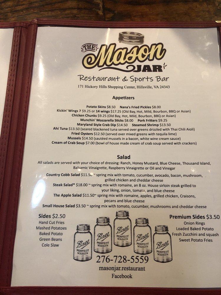 Menu at The Mason Jar pub & bar, Hillsville