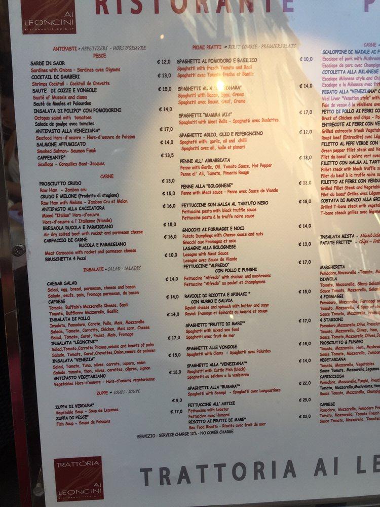 Menu at Trattoria Ai Leoncini pizzeria, Venice