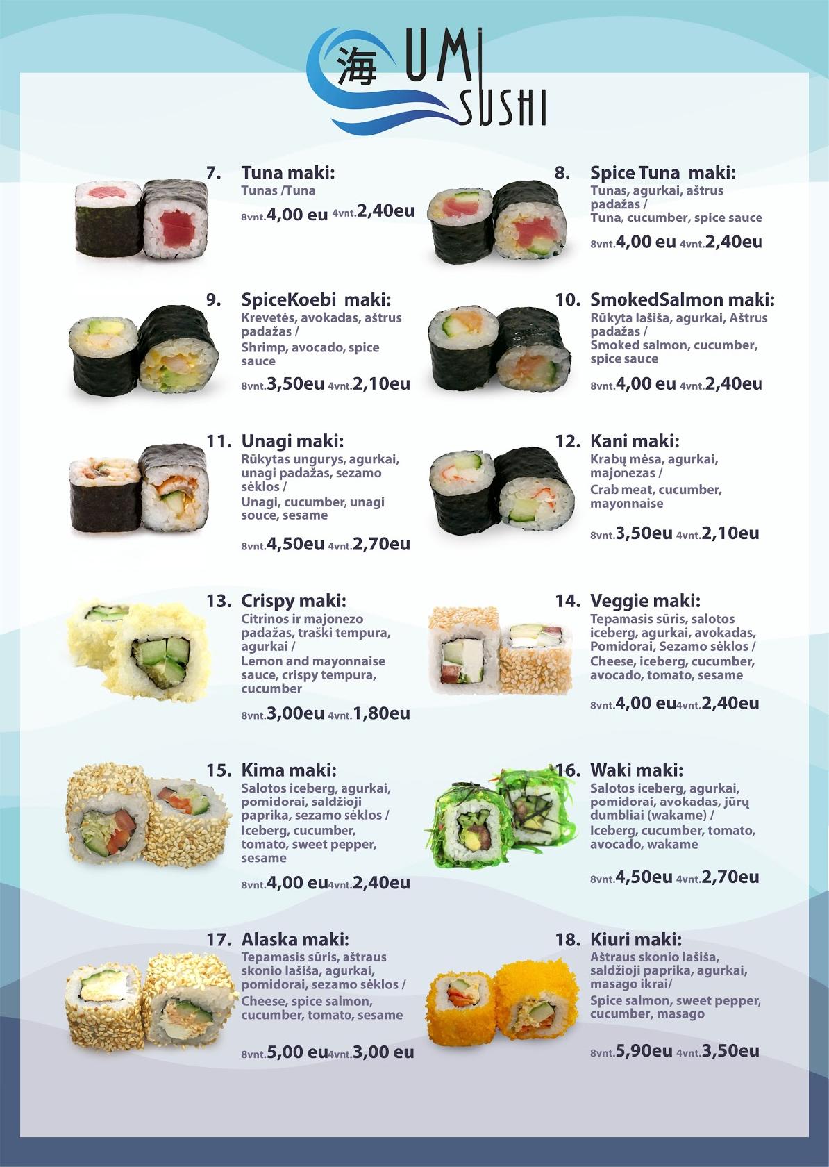 Speisekarte von UMI Sushi restaurant, Vilnius