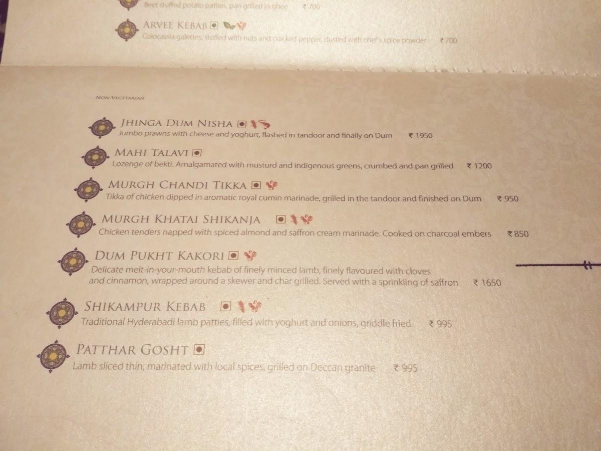 Menu at Dum Pukht Begum's, Hyderabad
