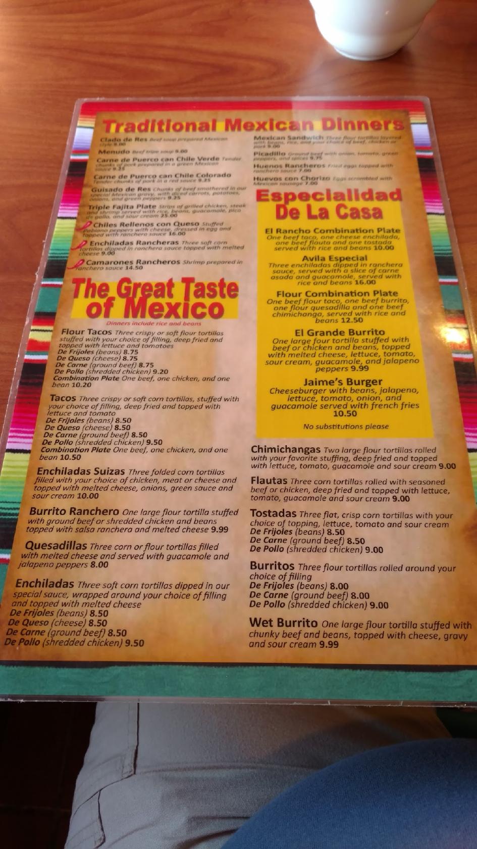 Menu at El Rancho II restaurant, Fremont