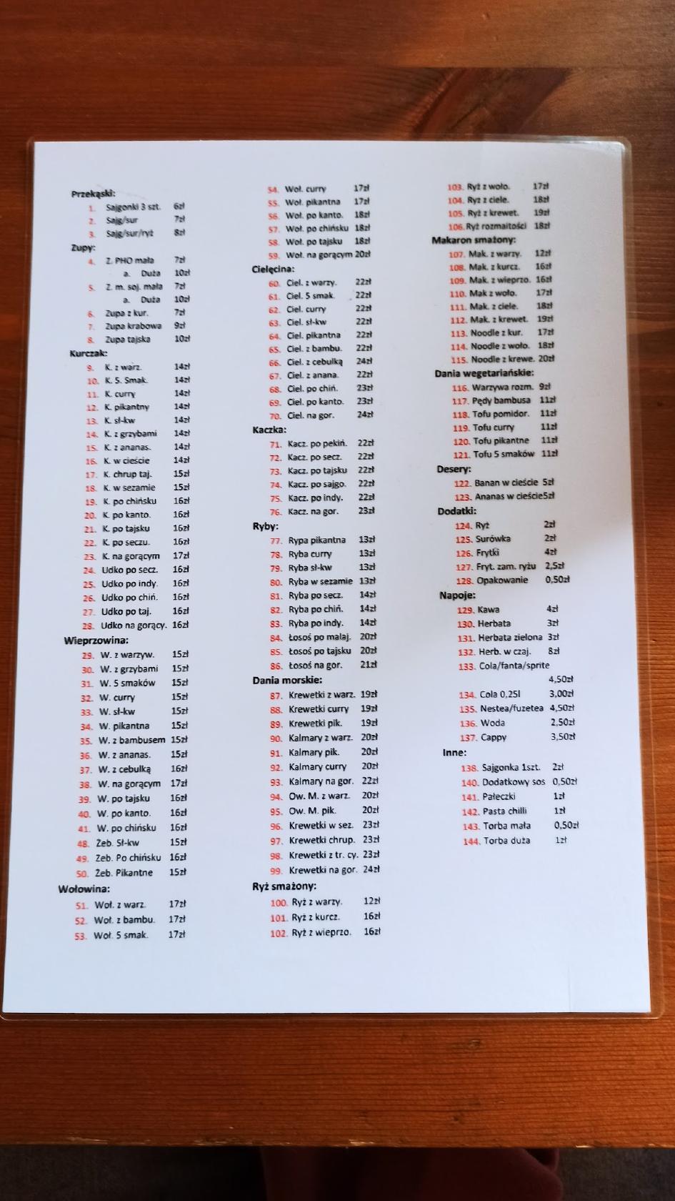 Menu at Ha Noi restaurant, Olkusz