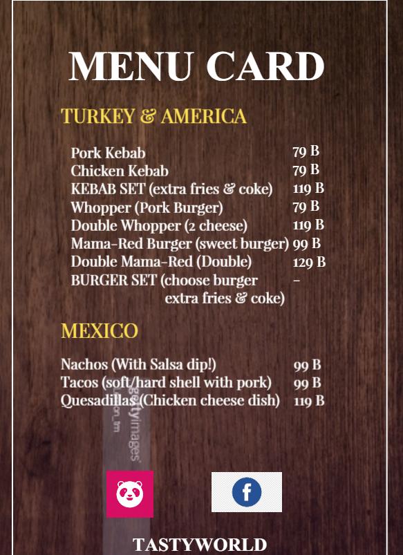Menu at Tasty World restaurant, Du Tai