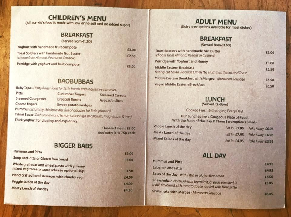 Menu at Baobab Cafe, Crediton