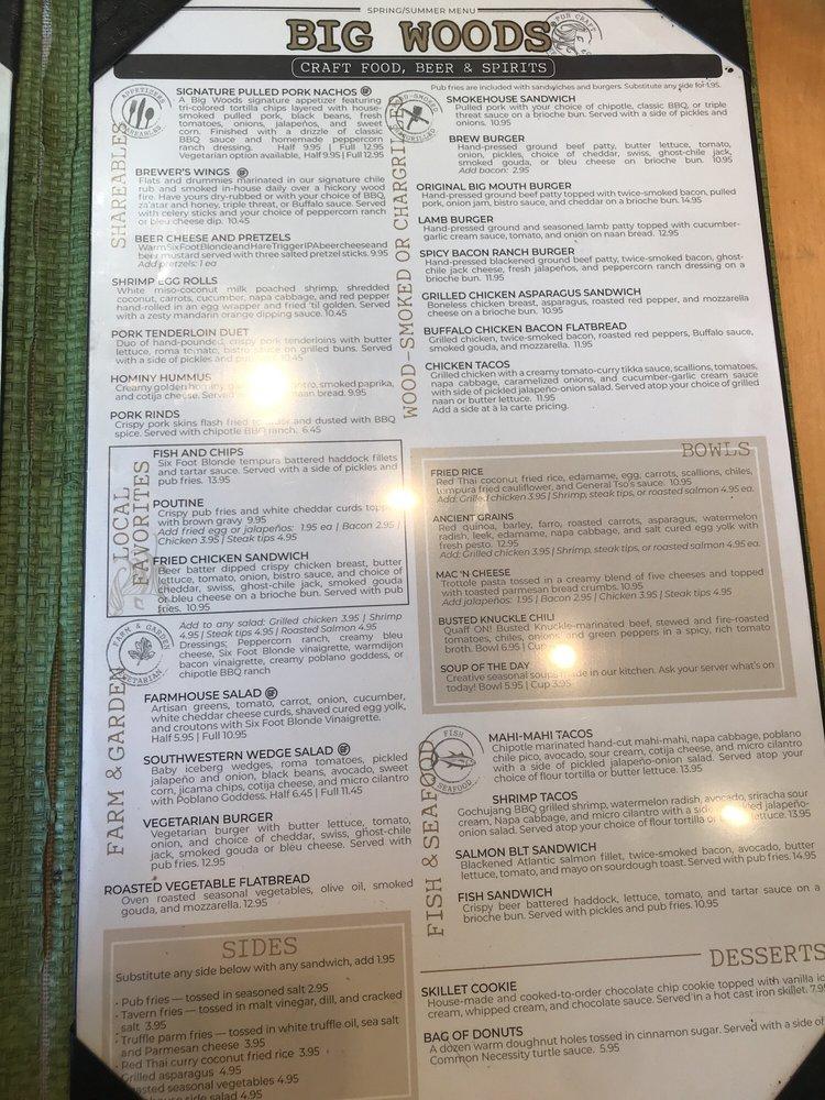 Menu at Big Woods Bloomington restaurant, Bloomington
