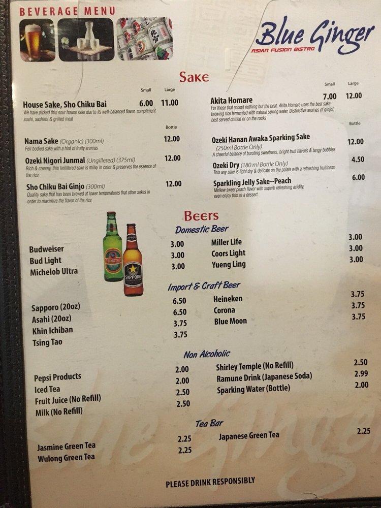 Menu at Blue Ginger Asian Fusion Bistro restaurant, Dublin
