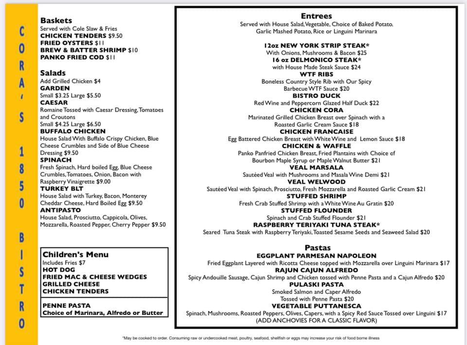 Menu at Cora's 1850 Bistro restaurant, Hawley, 525 Welwood Ave