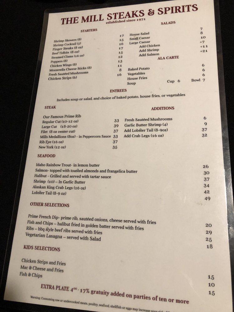 Menu at The Mill Steak and Spirits pub & bar, McCall