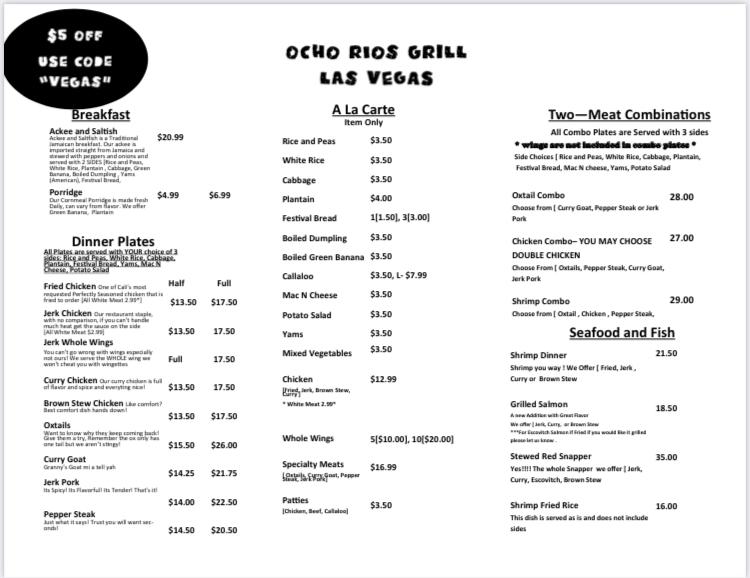 Menu at Ocho Rios Grill Las Vegas restaurant, Las Vegas
