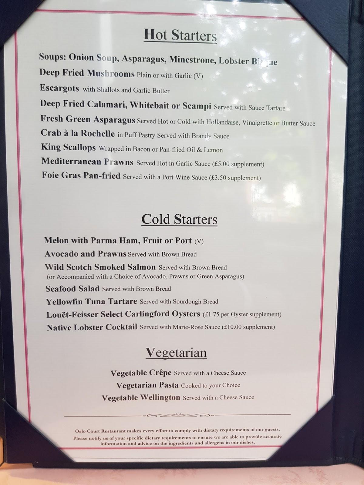 Menu at Oslo Court Restaurant, London