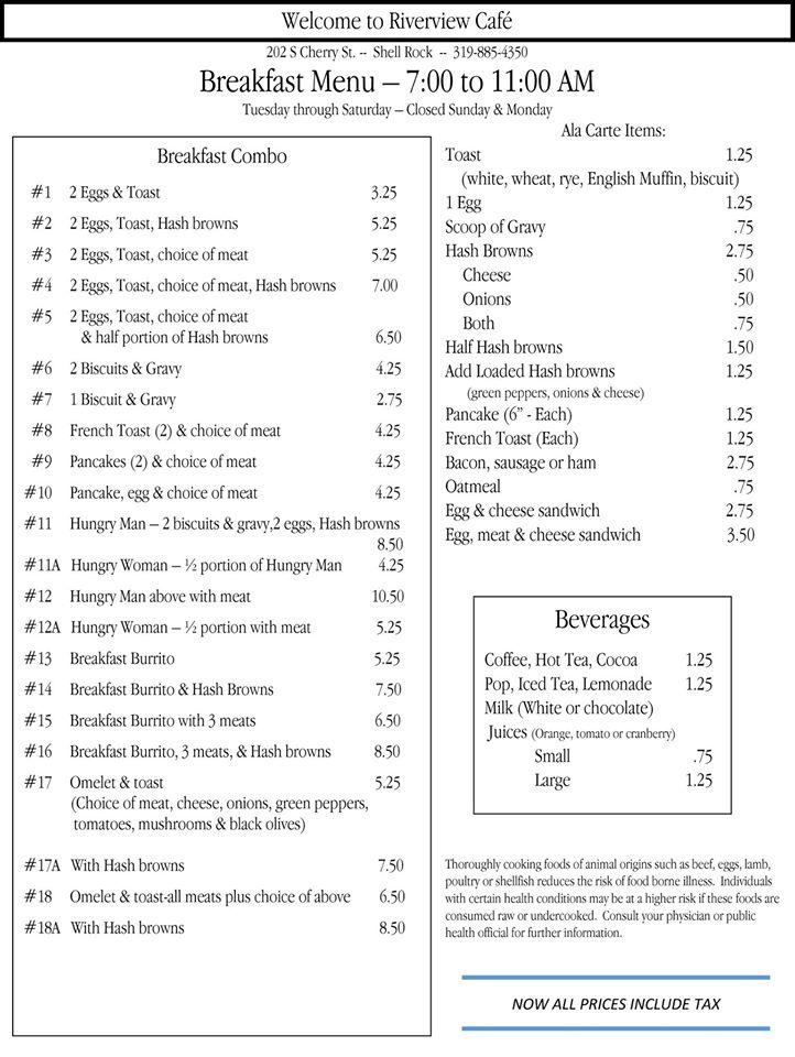 Menu at Riverview Cafe, Shell Rock