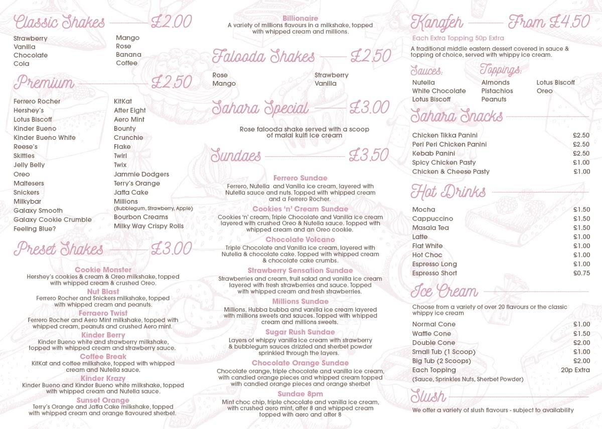 Menu at Sahara Desserts, Leicester