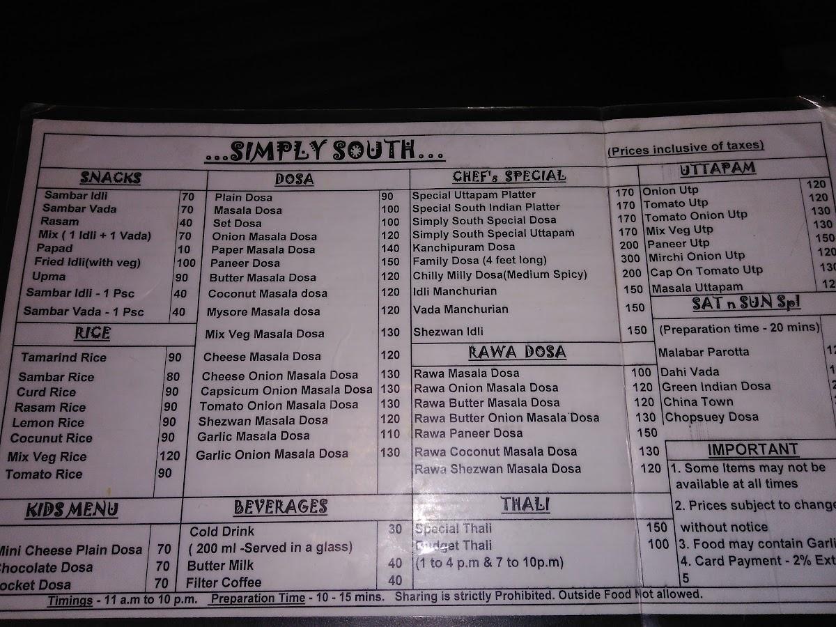 Menu at Simply South, Greater Noida, Shop No.1