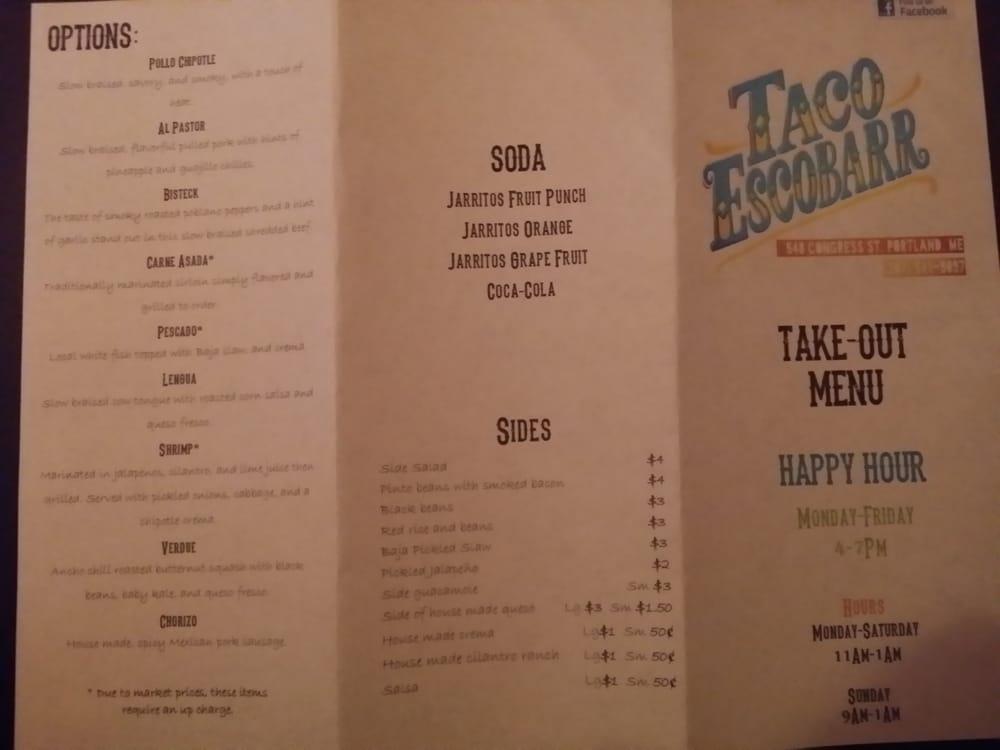 Menu at Taco Escobarr, Portland