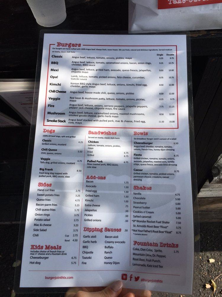 Menu at The Burger Joint restaurant, Houston, Montrose Blvd