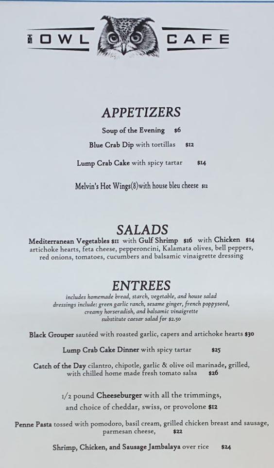 Menu at The Owl Tap Room pub & bar, Apalachicola
