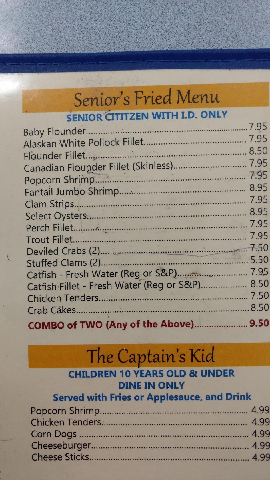 Menu at Captain's Galley restaurant, Stony Point