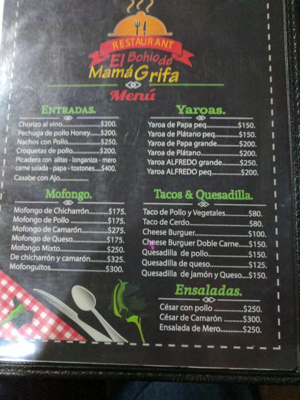 Carta del restaurante El Bohío D' Mama Grifa, Moncion