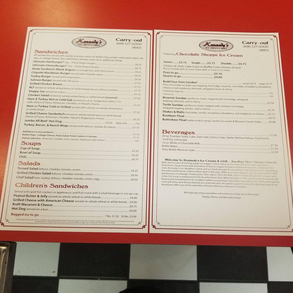 Menu at Kennedy's Ice Cream And Grill restaurant, New Glarus