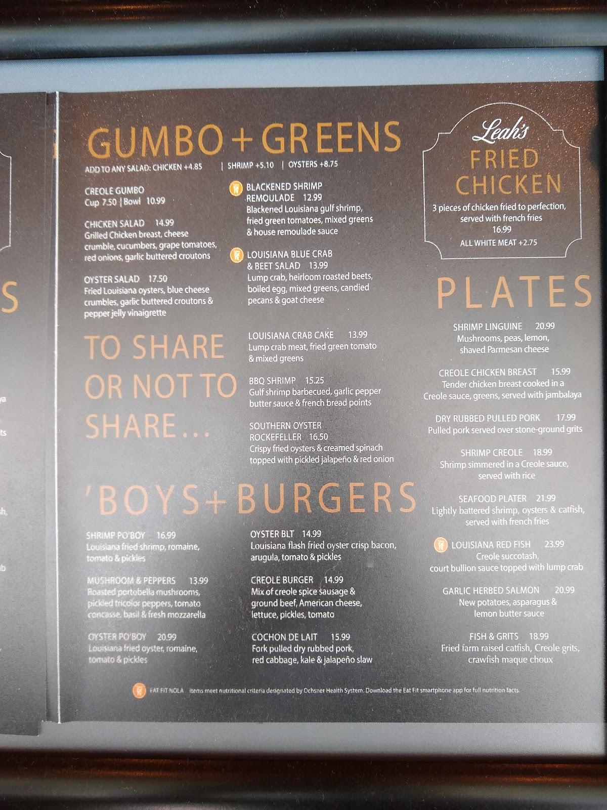 Menu at Leah's Kitchen restaurant, Kenner, 1 Terminal Dr
