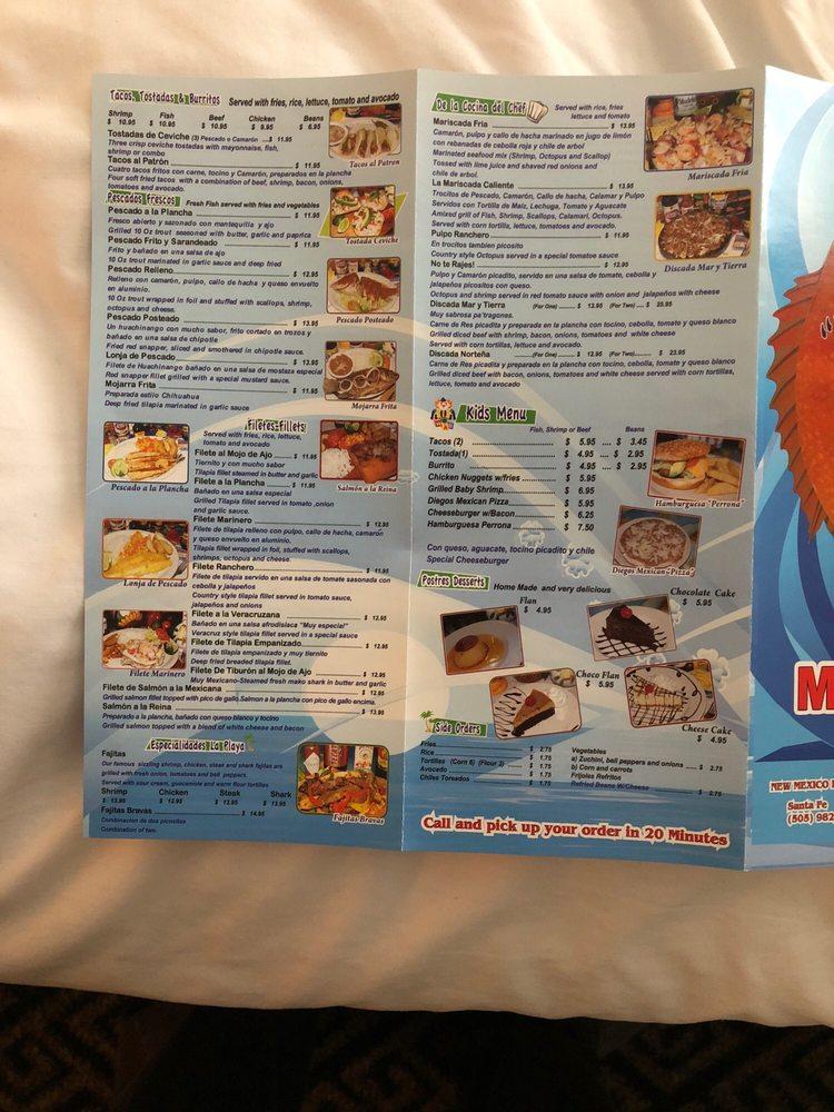 Menu at Mariscos La Playa restaurant, Santa Fe