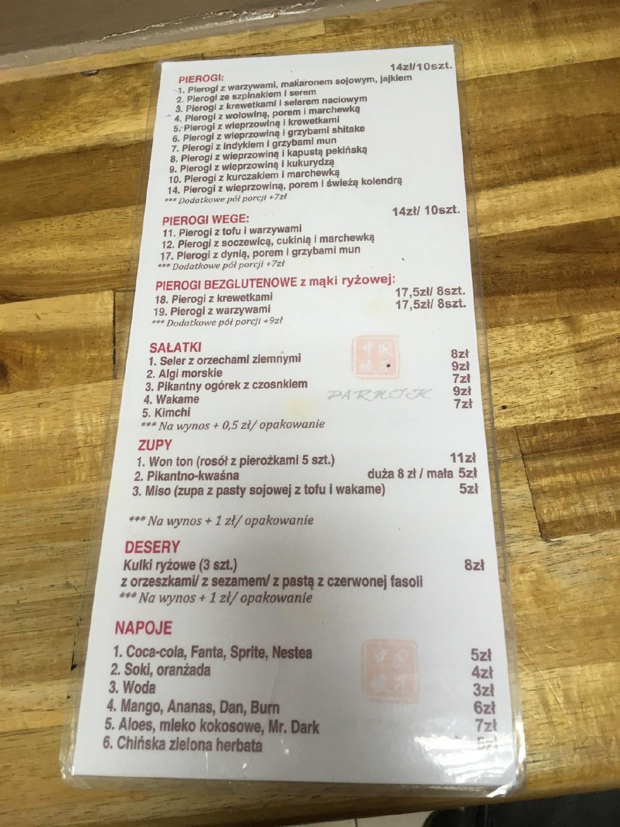 Menu at Parnik restaurant, Warsaw, Wolska 50A