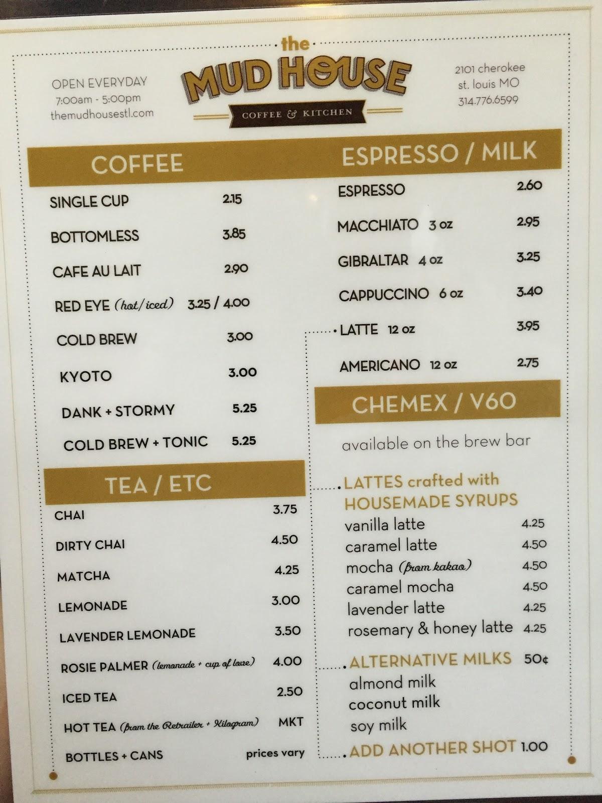 Menu at The Mud House cafe, St. Louis