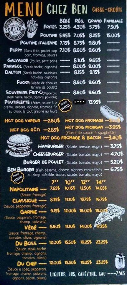 Menu au Chez Ben - Casse-Croûte restaurant, Saint-Damien-de-Buckland