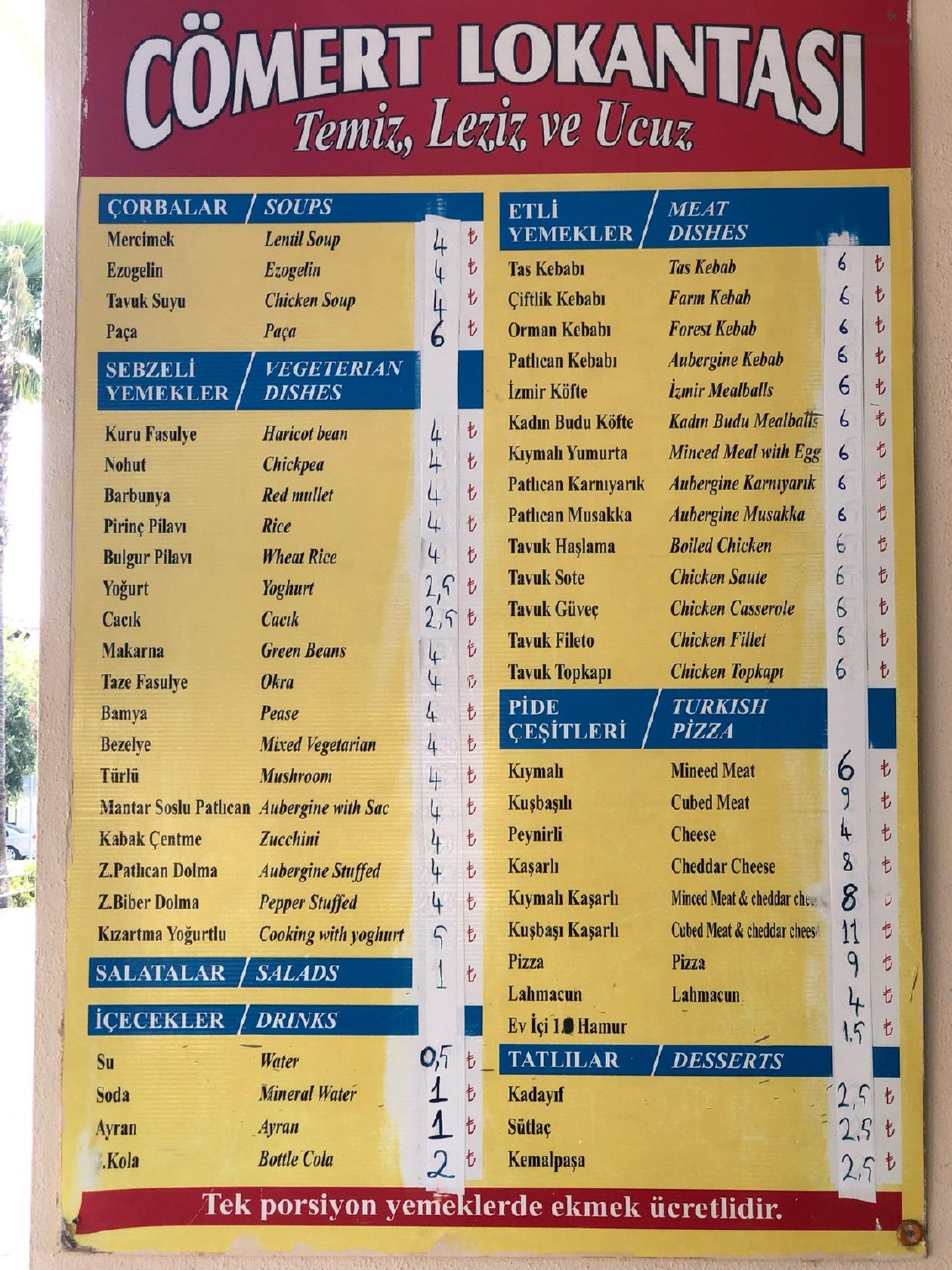 Menu at Cömert Lokantası, Dalyan Belediyesi