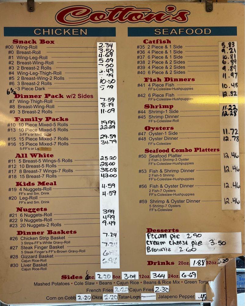 Menu at Cotton's Fried Chicken restaurant, Minden