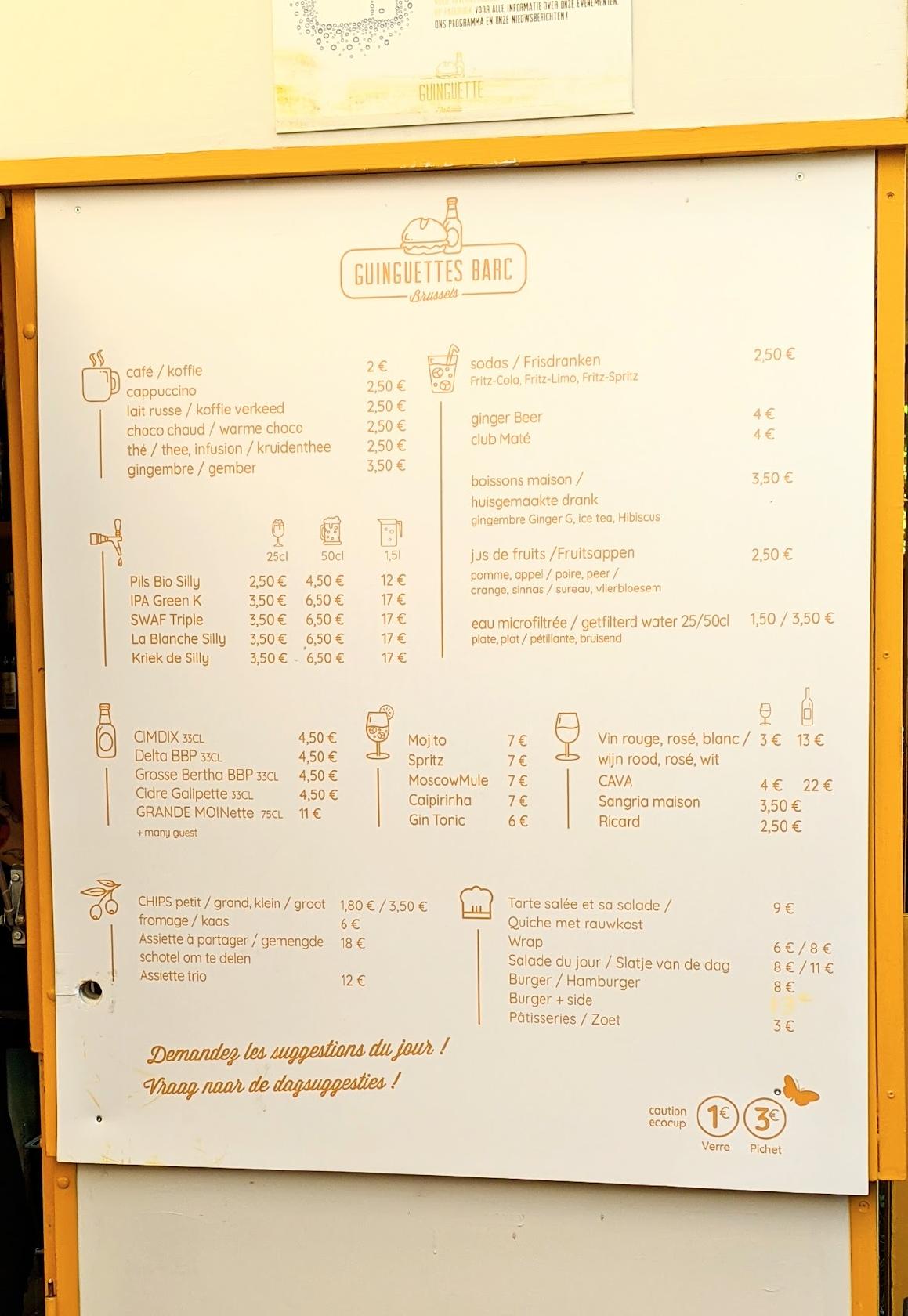 Menu au Guinguette Fabiola, Jette