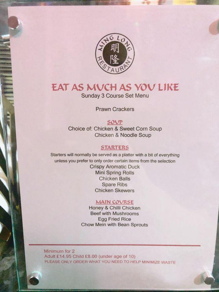 Menu at Ming Long Chinese Restaurant & Takeaway, South Ockendon