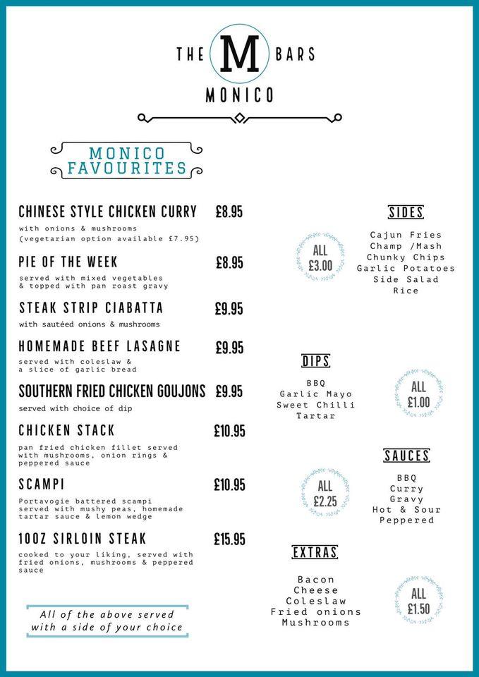 Menu at Monico Bars, Belfast