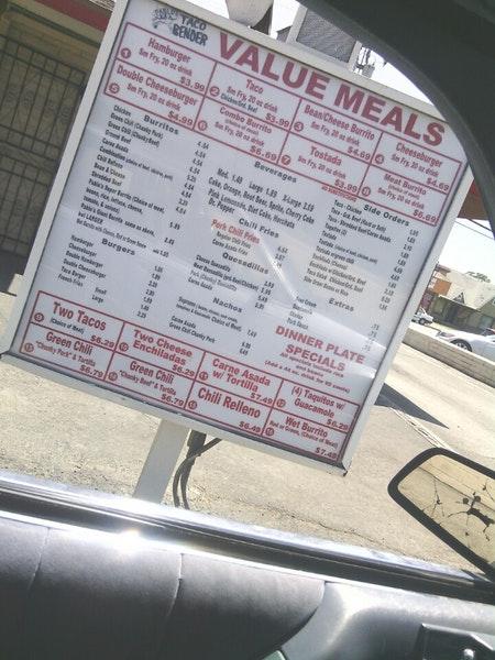 Menu at Pablo's Taco Bender restaurant, San Bernardino