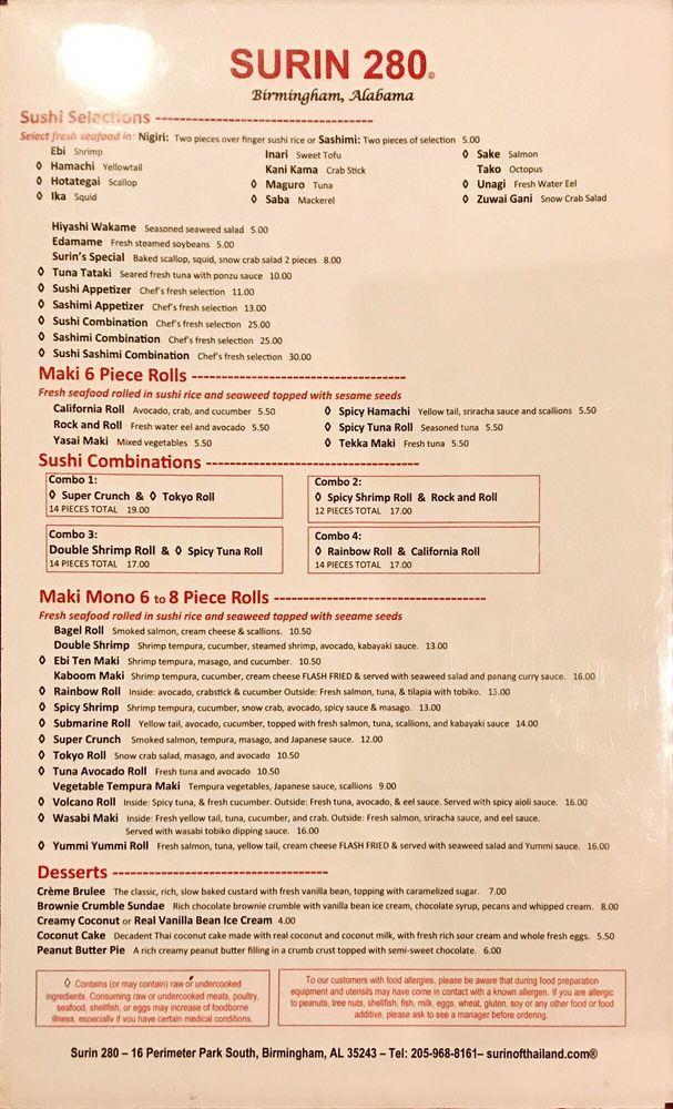 Menu at Surin 280 restaurant, Birmingham, 16 Perimeter Park S